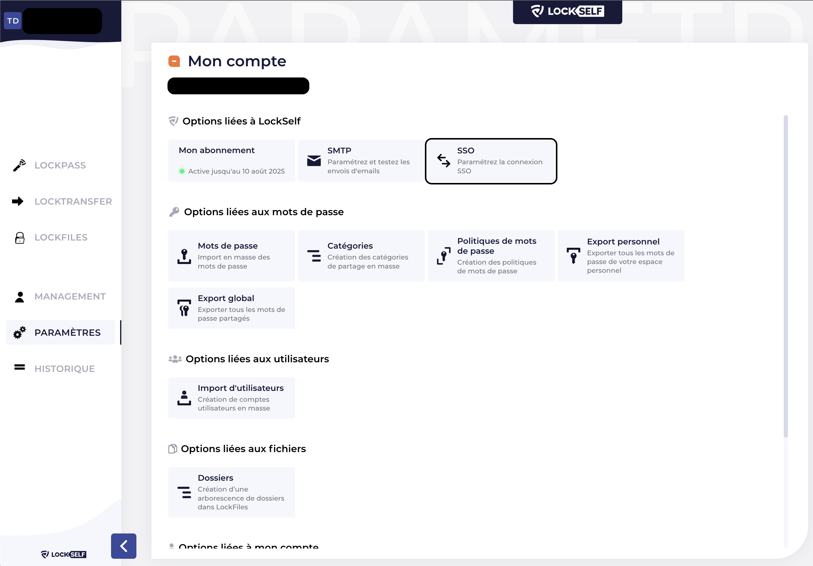 Configuration de l'interconnexion SSO – Support LockSelf